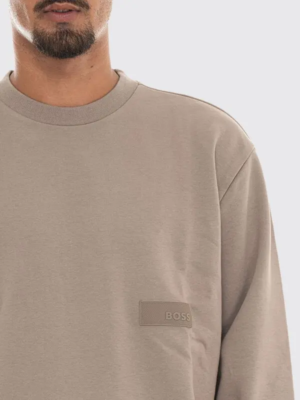 BOSS Regular Fit Crewneck Cotton-blend Jumper With Tonal Logo - Mud