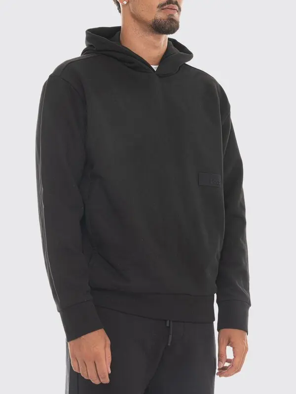 BOSS Relaxed Fit Cotton Hoodie With Tonal Logo - Black