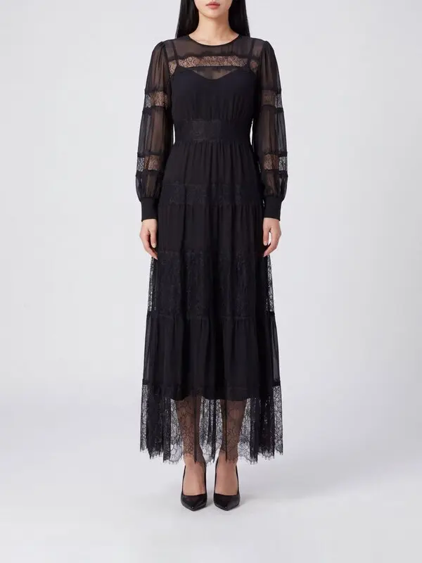 TWINSET Georgette And Lace Midi Dress With Long Sleeves And Crew Neck - Black