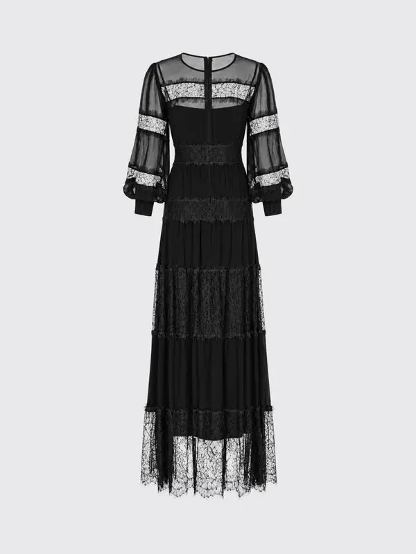 TWINSET Georgette And Lace Midi Dress With Long Sleeves And Crew Neck