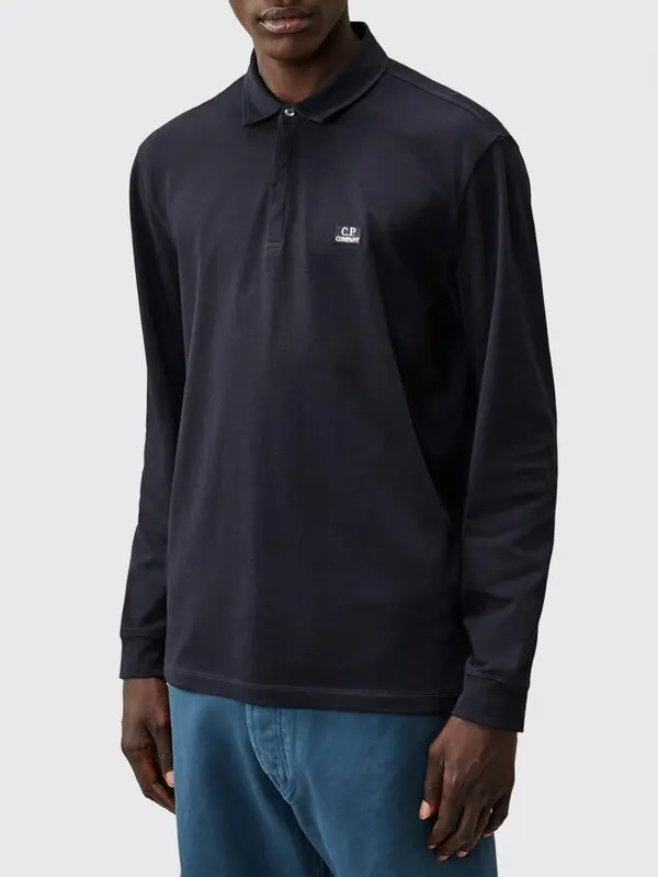 C.P. COMPANY Long-sleeved Cotton Polo Shirt With Contrast Logo And Ribbed Collar - Blue