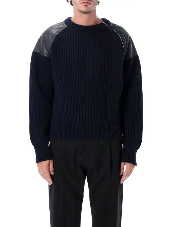 Bottega Veneta Ribbed Knit Sweater With Leather Shoulder Details - Blu