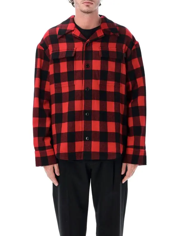 AMI Paris Checkered Wool Overshirt With Shark Collar & Horn Buttons - Nero
