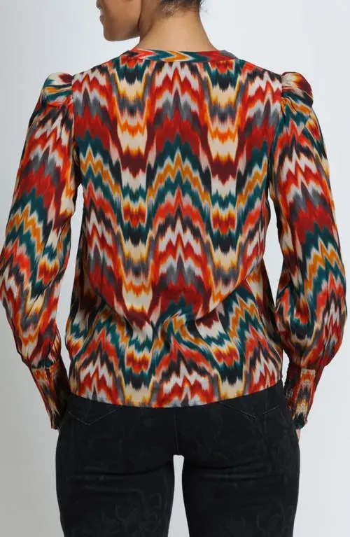 APNY Print Split Neck Top With Smocked Cuffs