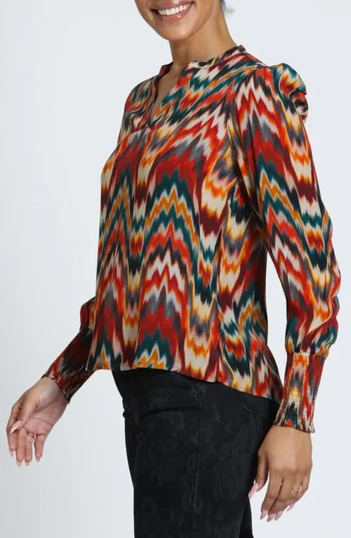 APNY Print Split Neck Top With Smocked Cuffs - Spice/juniper Multi