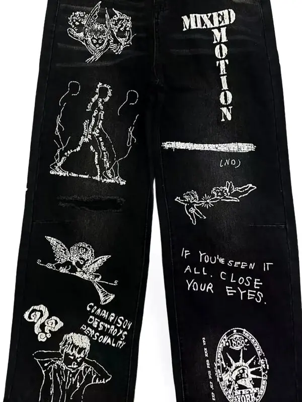 Mixed Emotion Graphic-print Distressed Jeans