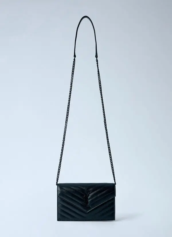 Saint Laurent Cassandre Envelope Chain Wallet In Grain De Poudre Leather - Black