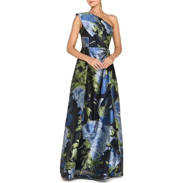 KAY UNGER Daisy Floral Jacquard One Shoulder Gown - Dark Twilight/multi