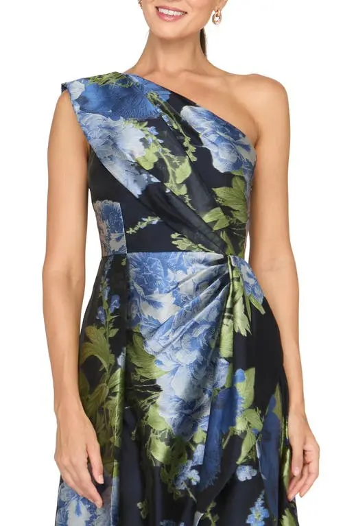 KAY UNGER Daisy Floral Jacquard One Shoulder Gown