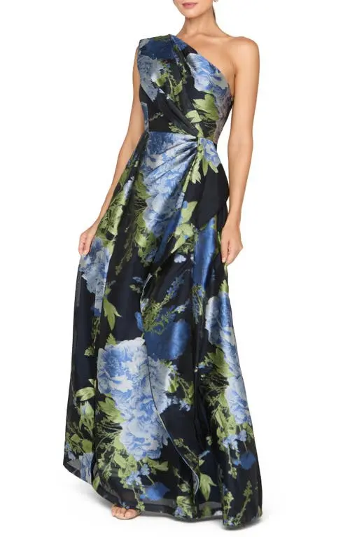 KAY UNGER Daisy Floral Jacquard One Shoulder Gown