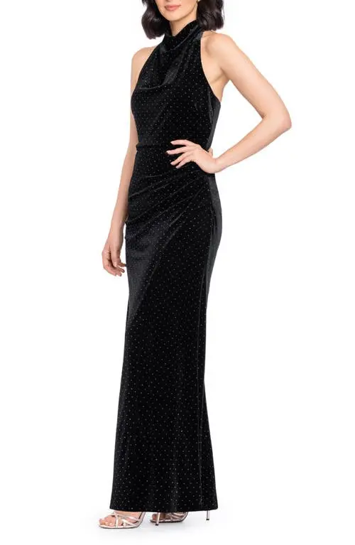 Betsy & Adam Studded Stretch Velvet Halter Gown