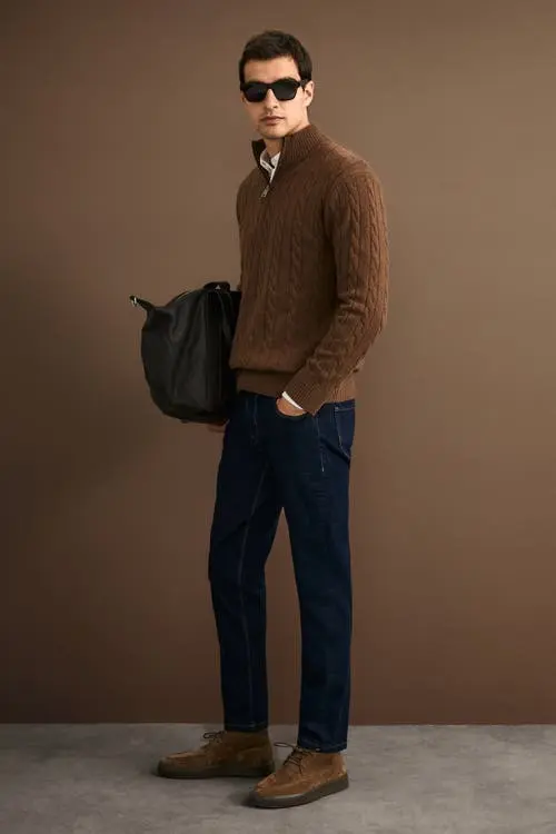 LUFIAN Dominic Quarter Zip Sweater - Camel
