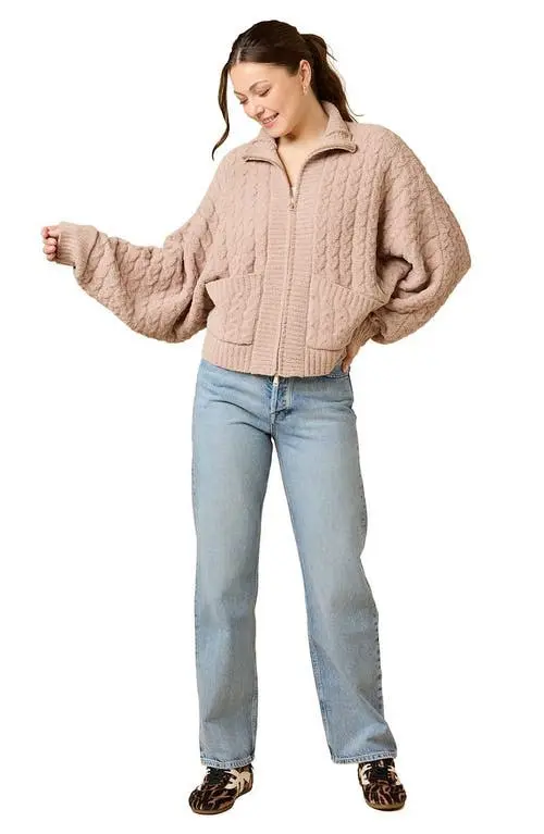 SOFTIES Cable Knit Marshmallow Funnel Neck Double Zip Jacket - Coco