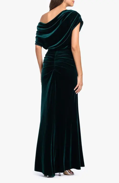 Betsy & Adam Off The Shoulder Asymmetric Velvet Gown
