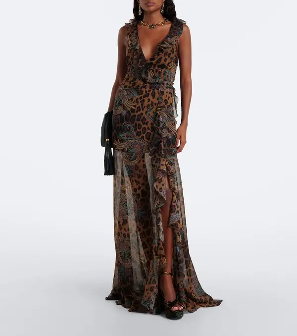 Etro Printed Ruffled Seersucker Gown