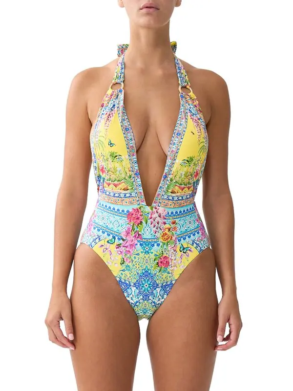 Camilla Printed Plunge Backless One-piece Swimsuit