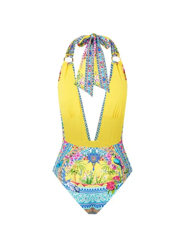Camilla Printed Plunge Backless One-piece Swimsuit