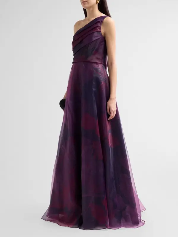 Rene Ruiz Collection Floral Pleated One-shoulder Gown