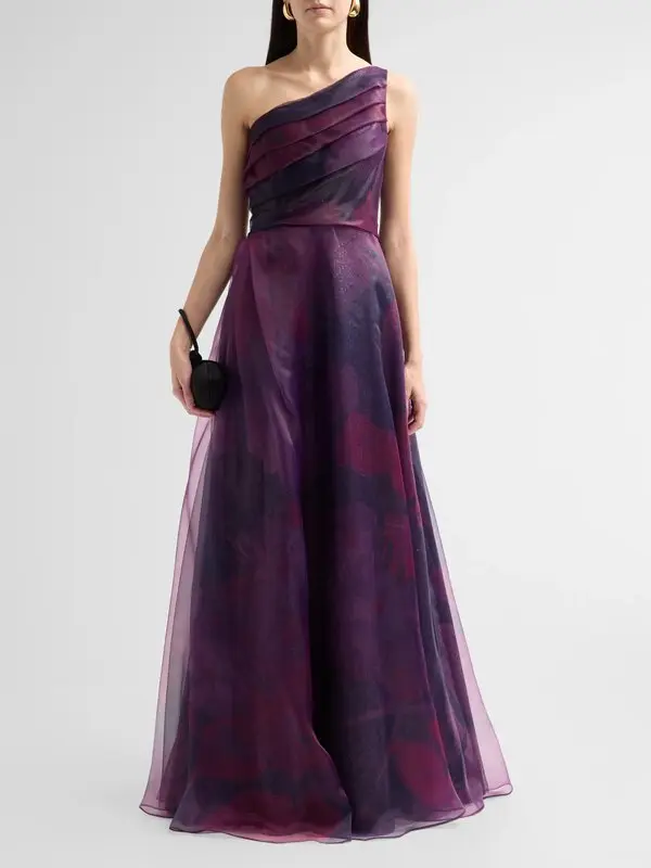 Rene Ruiz Collection Floral Pleated One-shoulder Gown