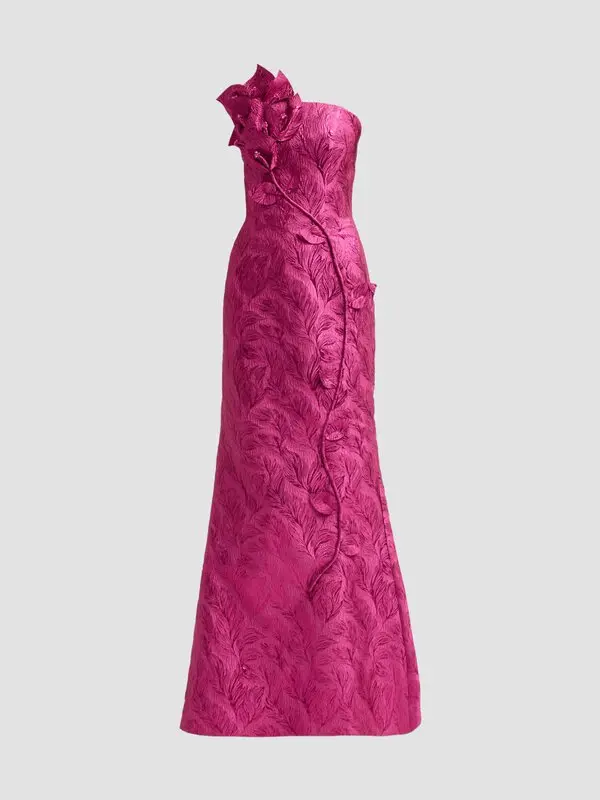 Rene Ruiz Collection Floral Appliqué Crepe Mermaid Gown - Raspberry