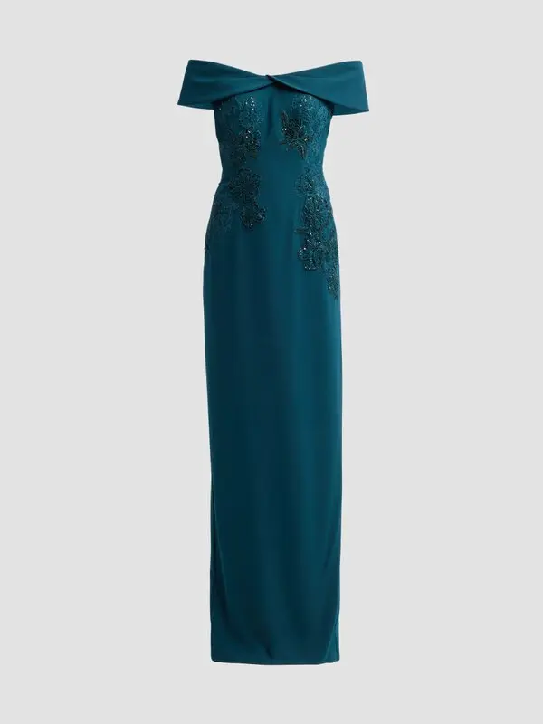Rene Ruiz Collection Embroidered Off-the-shoulder Column Gown - Dark Emerald