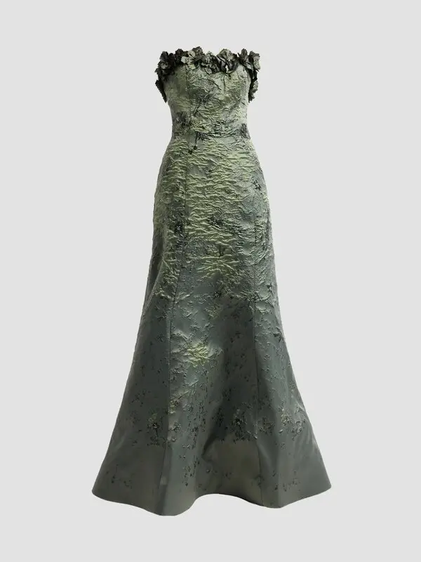 Rene Ruiz Collection Jacquard Floral Appliqué Mermaid Gown - Sage