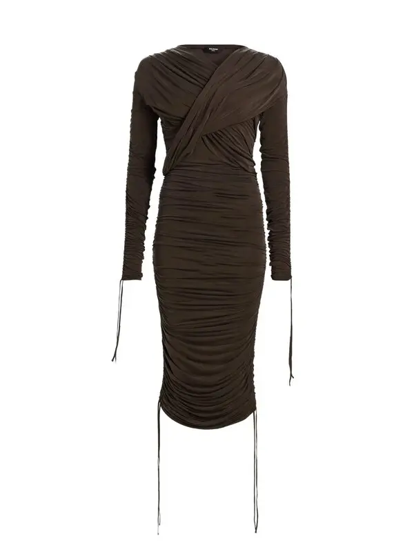 Balmain Draped Jersey Midi-dress - Brown