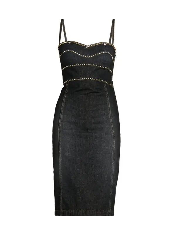 Versace Embellished Stone Washed Denim Sheath Dress - Black