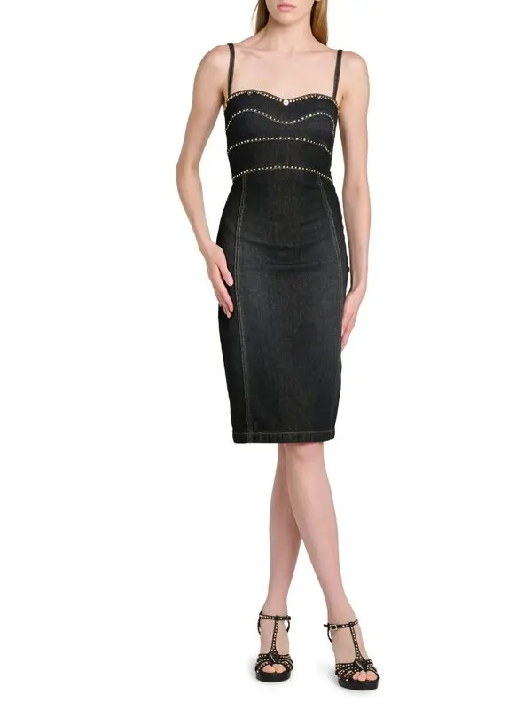 Versace Embellished Stone Washed Denim Sheath Dress