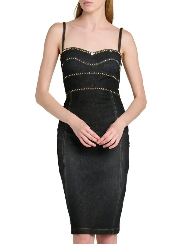 Versace Embellished Stone Washed Denim Sheath Dress