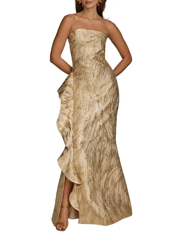 Donna Karan New York Brocade Ruffle Gown - Champagne Multi