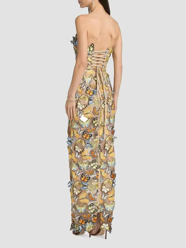 BRONX BANCO Bella 3d Butterfly Dahlia Strapless Gown
