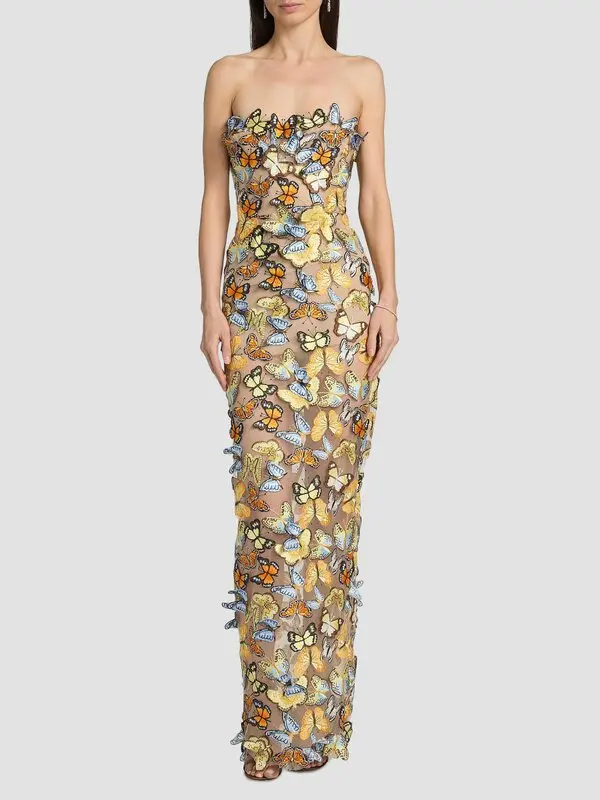 BRONX BANCO Bella 3d Butterfly Dahlia Strapless Gown