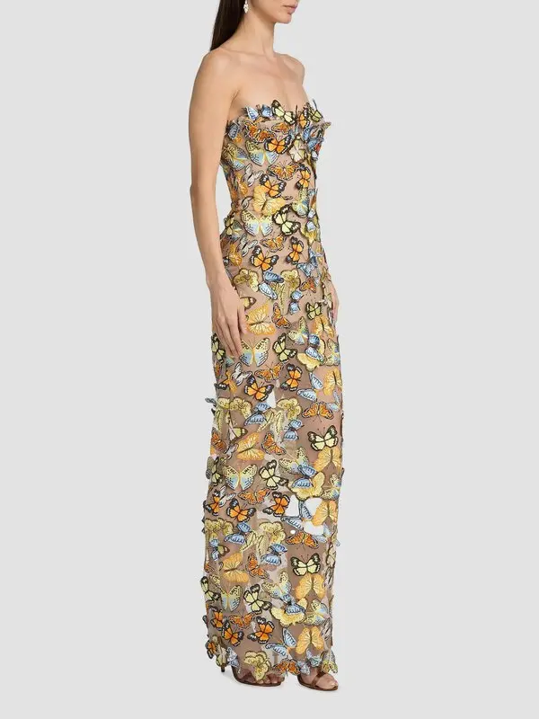 BRONX BANCO Bella 3d Butterfly Dahlia Strapless Gown