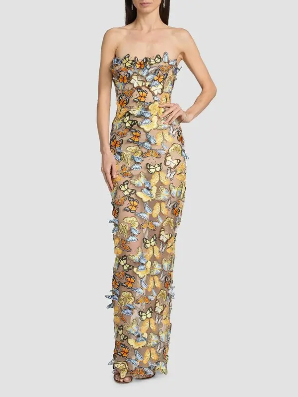 BRONX BANCO Bella 3d Butterfly Dahlia Strapless Gown