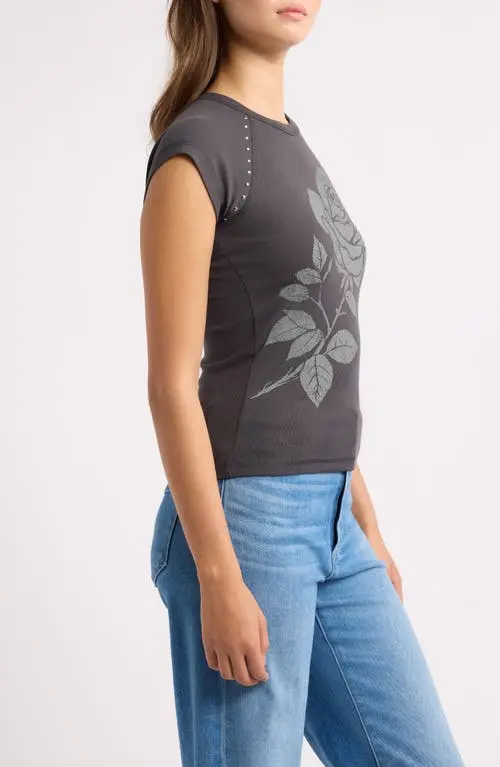 VINYL ICONS Rose Graphic Studded Raglan T-shirt