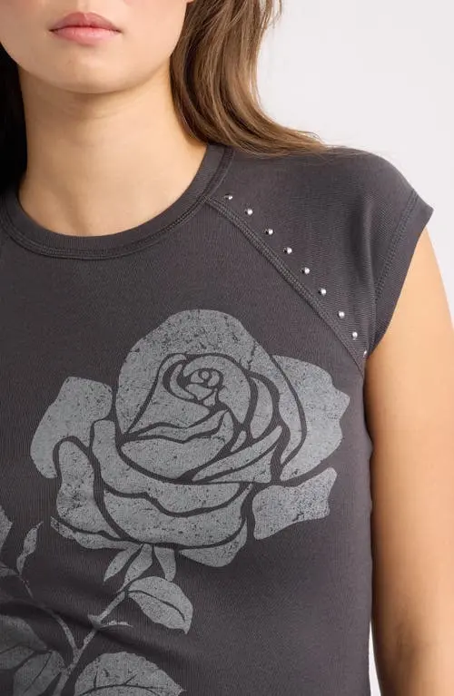 VINYL ICONS Rose Graphic Studded Raglan T-shirt