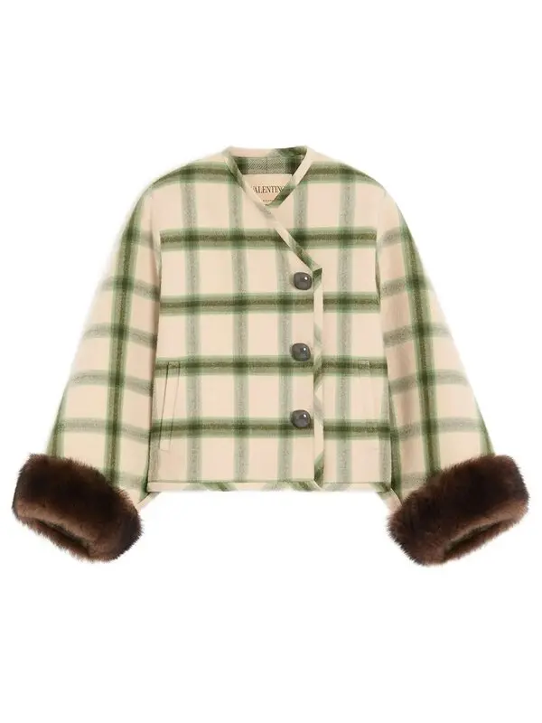 Valentino Garavani Peacoat In Green Macro Check With Shearling - Multi