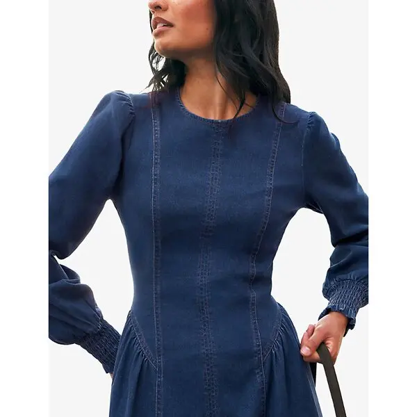 RO&ZO Gathered Long-sleeve Stretch-denim Midi Dress