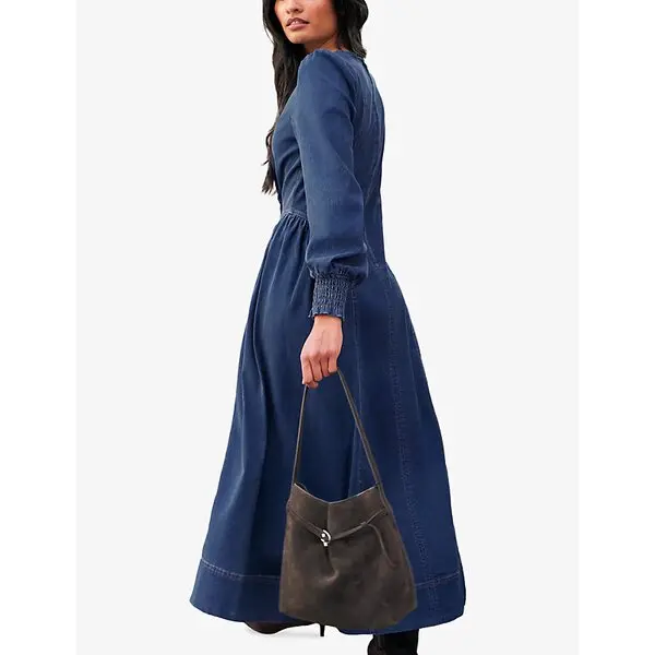 RO&ZO Gathered Long-sleeve Stretch-denim Midi Dress