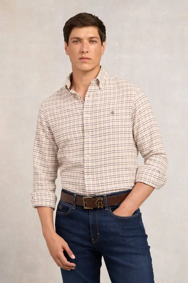 Holland Cooper S Classic Fit Brushed Cotton Shirt Cheltenham Check 's - Camel