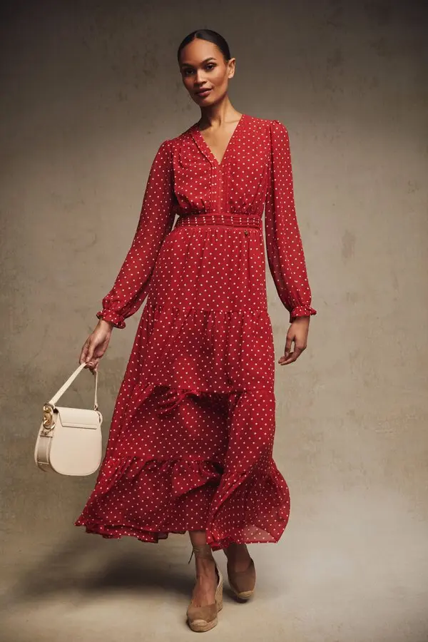 Holland Cooper Bella Tie Maxi Dress White Polka Dot 's - Red