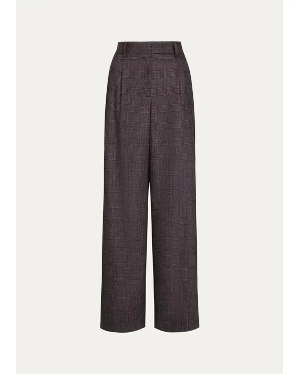 TWP Hudson Checked Pleated Straight-leg Pants - Chocolate
