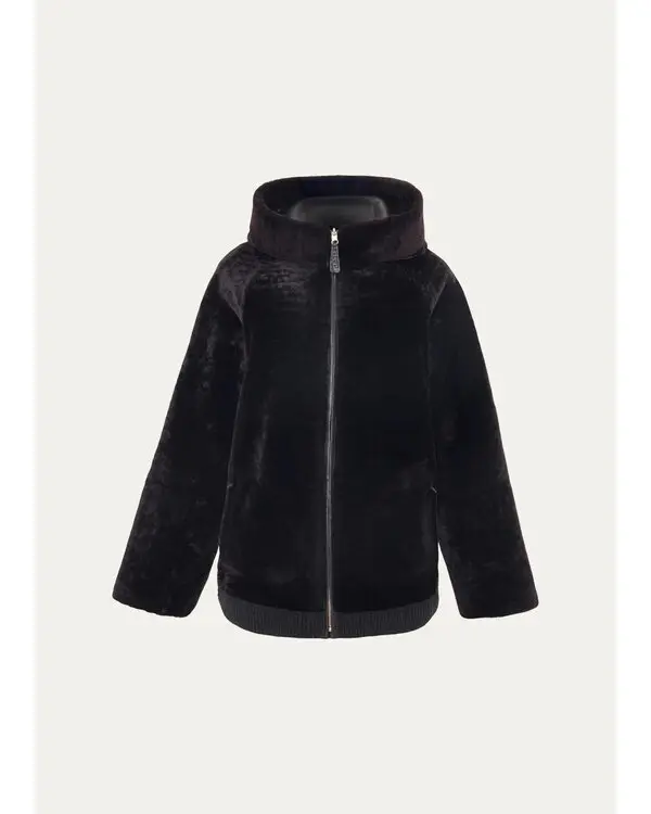 Gorski Select Textured Shearling Lamb Hooded Jacket