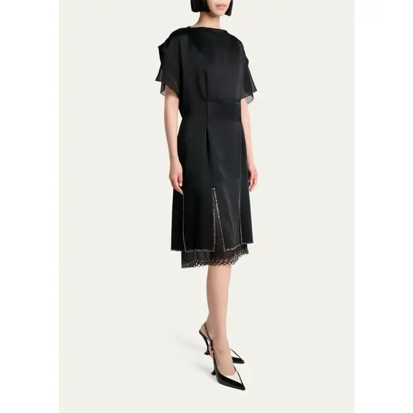 LANVIN Cap-sleeve Studded Satin Paneled Midi Dress