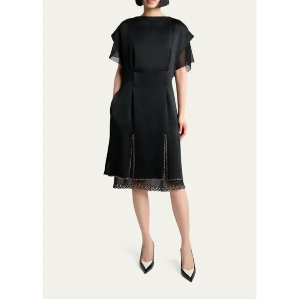 LANVIN Cap-sleeve Studded Satin Paneled Midi Dress