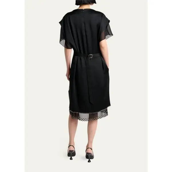 LANVIN Cap-sleeve Studded Satin Paneled Midi Dress