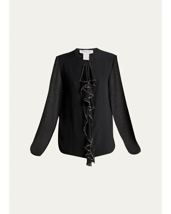 LANVIN Embroidered Ruffle Silk Georgette Long-sleeve Blouse