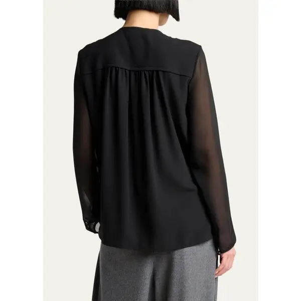 LANVIN Embroidered Ruffle Silk Georgette Long-sleeve Blouse