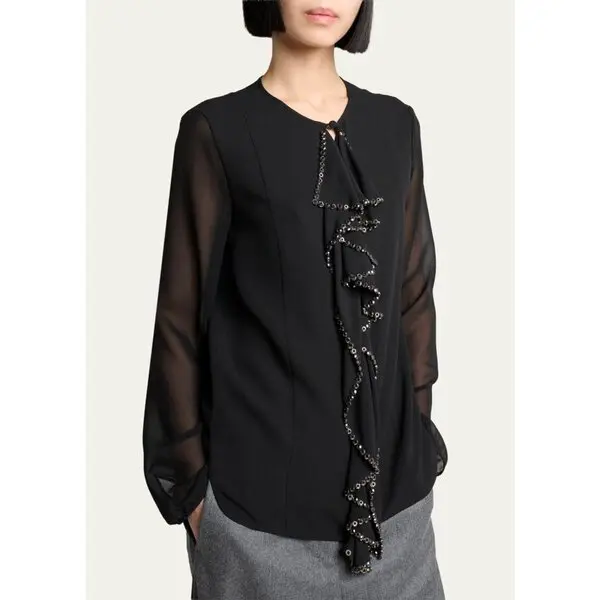 LANVIN Embroidered Ruffle Silk Georgette Long-sleeve Blouse